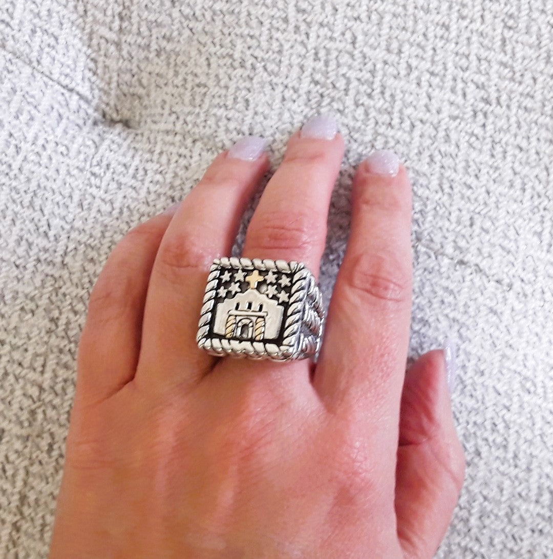 rc7155 - Sterling "Remember The Alamo" Ring With 14k Gold Cross And Tw ...